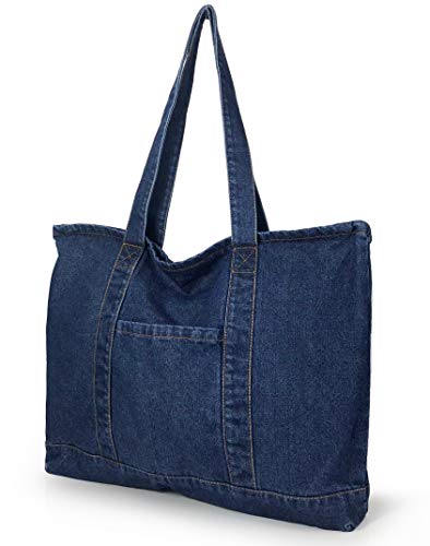 HOXIS Light Weight Soft Denim Tote Unisex Shopper Shoulder Handbag (Navy)