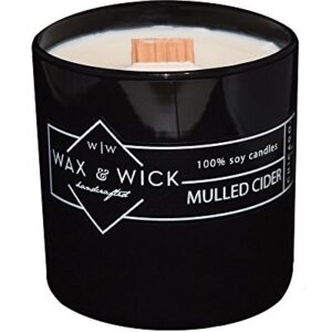 Wax and Wick 12oz. Pure Soy Wax Scented Candle with Double Wood Wick - Black, Mulled Cider Scent - Notes of Apple, Nutmeg, Vanilla, & Caramel