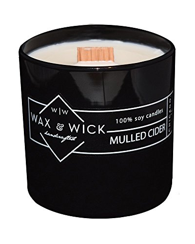 Wax and Wick 12oz. Pure Soy Wax Scented Candle with Double Wood Wick - Black, Mulled Cider Scent - Notes of Apple, Nutmeg, Vanilla, & Caramel