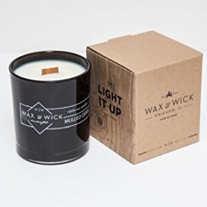 Wax and Wick 12oz. Pure Soy Wax Scented Candle with Double Wood Wick - Black, Mulled Cider Scent - Notes of Apple, Nutmeg, Vanilla, & Caramel