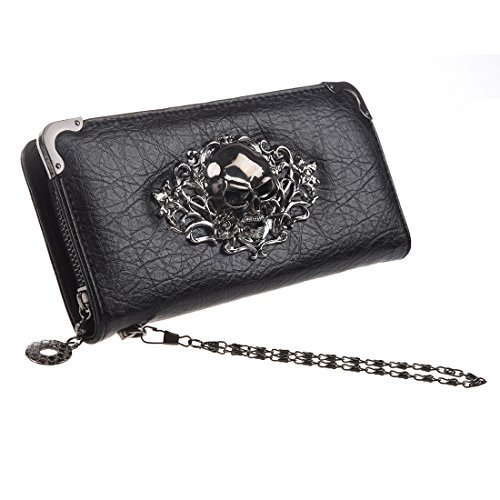 HOYOFO Skull Wallets for Women Zip Around Clutch with Credit Card Holder Phone Case Leather Long Goth Wallet Purse with Wristlet, Black