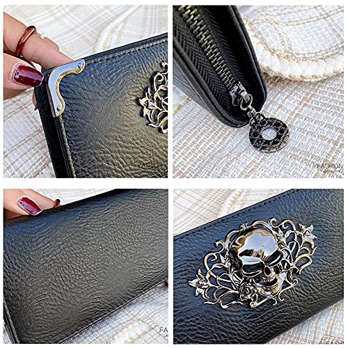 HOYOFO Skull Wallets for Women Zip Around Clutch with Credit Card Holder Phone Case Leather Long Goth Wallet Purse with Wristlet, Black