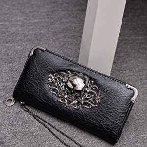 HOYOFO Skull Wallets for Women Zip Around Clutch with Credit Card Holder Phone Case Leather Long Goth Wallet Purse with Wristlet, Black