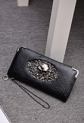 HOYOFO Skull Wallets for Women Zip Around Clutch with Credit Card Holder Phone Case Leather Long Goth Wallet Purse with Wristlet, Black