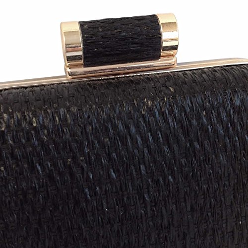 JNB Raffia Straw Box Clutch, Black