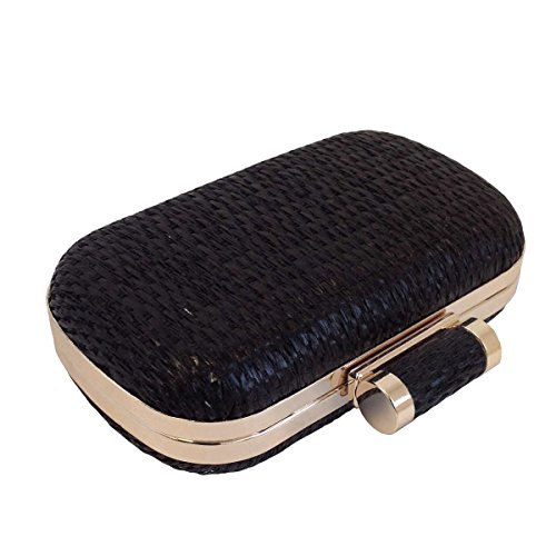 JNB Raffia Straw Box Clutch, Black