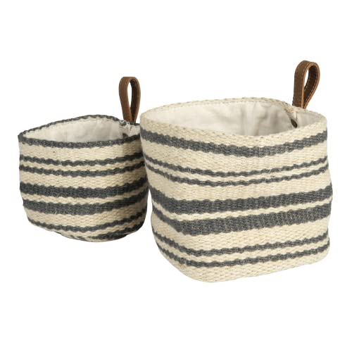 Creative Co-Op DA8007-1 Cream & Blue Striped Jute Wall Baskets with Leather Loops (Set of 2 Sizes), 2 Count