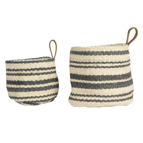 Creative Co-Op DA8007-1 Cream & Blue Striped Jute Wall Baskets with Leather Loops (Set of 2 Sizes), 2 Count