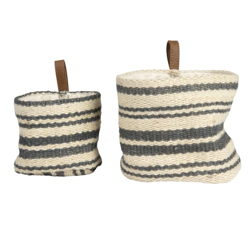 Creative Co-Op DA8007-1 Cream & Blue Striped Jute Wall Baskets with Leather Loops (Set of 2 Sizes), 2 Count