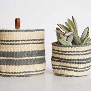 Creative Co-Op DA8007-1 Cream & Blue Striped Jute Wall Baskets with Leather Loops (Set of 2 Sizes), 2 Count