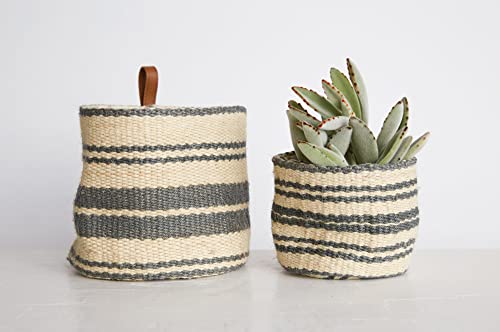 Creative Co-Op DA8007-1 Cream & Blue Striped Jute Wall Baskets with Leather Loops (Set of 2 Sizes), 2 Count