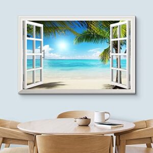 wall26 Canvas Print Wall Art Window View Landscape of Green Palm Beach Nature Wilderness Photography Modern Art Rustic Scenic Colorful Multicolor for Living Room, Bedroom, Office - 24"x36"