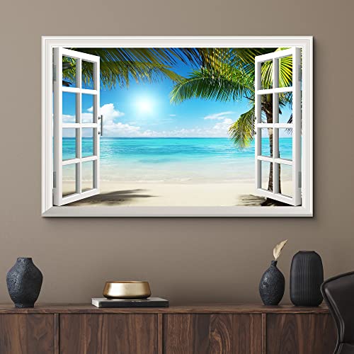 wall26 Canvas Print Wall Art Window View Landscape of Green Palm Beach Nature Wilderness Photography Modern Art Rustic Scenic Colorful Multicolor for Living Room, Bedroom, Office - 24"x36"