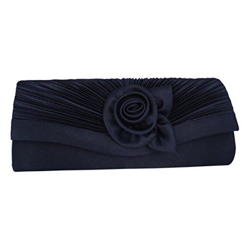 Adoptfade Womens Pleated Flower Evening Clutch Satin Vintage Dinner Bag,Navy Blue