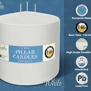 HYOOLA White Three Wick Large Candle - 6 x 6 Inch - Unscented Big Pillar Candles - 146 Hour - European Made