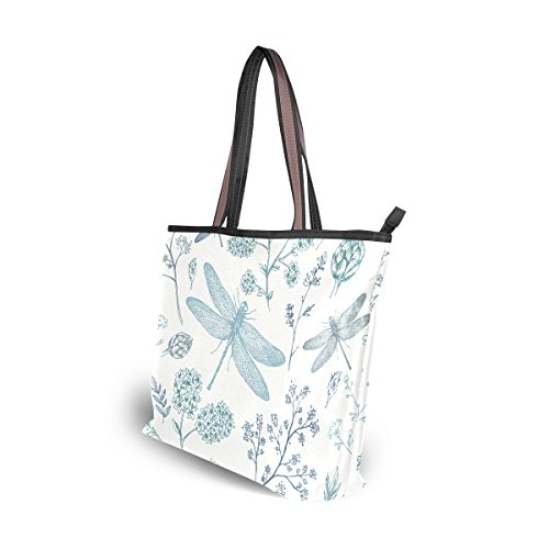 Shoulder Bag Large Beach Travel Tote Bag Blue Dragonfly Printed Handbags with Handle Top Zipper Closure