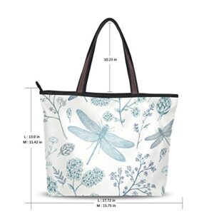 Shoulder Bag Large Beach Travel Tote Bag Blue Dragonfly Printed Handbags with Handle Top Zipper Closure