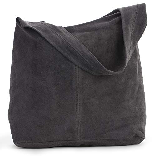 LiaTalia Womens Large Italian Suede Leather Single Shoulder Strap Hobo Slouch Bag with Storage Bag [Dark Grey (Plain)]