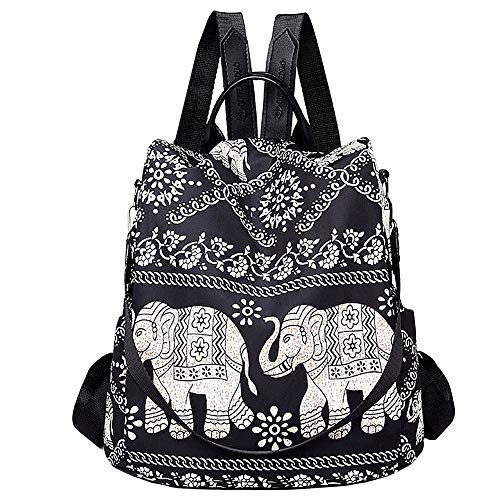 Monique Women Medium Floral Elephant Oxford Backpack Anti-theft Back Zipper Closure Daypack Convertible Shoulder Bag Black