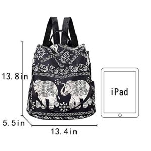 Monique Women Medium Floral Elephant Oxford Backpack Anti-theft Back Zipper Closure Daypack Convertible Shoulder Bag Black