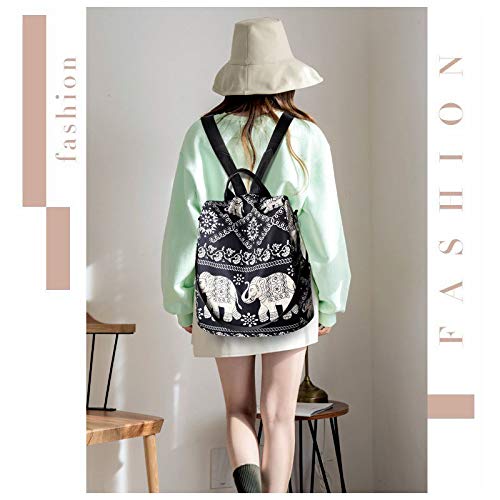 Monique Women Medium Floral Elephant Oxford Backpack Anti-theft Back Zipper Closure Daypack Convertible Shoulder Bag Black