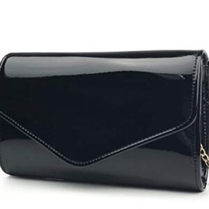 HOXIS Glossy Envelope Evening Clutch Faux Patent Leather Women Chain Shoulder Bag Solid Color Purse (Black)