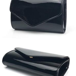 HOXIS Glossy Envelope Evening Clutch Faux Patent Leather Women Chain Shoulder Bag Solid Color Purse (Black)