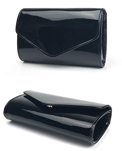 HOXIS Glossy Envelope Evening Clutch Faux Patent Leather Women Chain Shoulder Bag Solid Color Purse (Black)