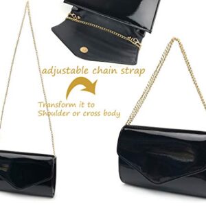 HOXIS Glossy Envelope Evening Clutch Faux Patent Leather Women Chain Shoulder Bag Solid Color Purse (Black)