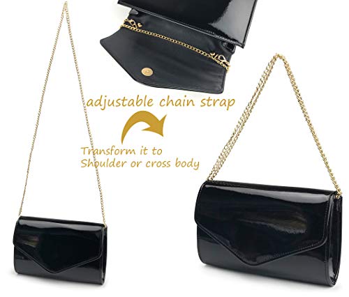 HOXIS Glossy Envelope Evening Clutch Faux Patent Leather Women Chain Shoulder Bag Solid Color Purse (Black)