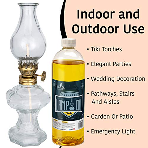 Liquid Paraffin Lamp Oil - Yellow Smokeless, Odorless, Ultra Clean Burning Fuel for Indoor and Outdoor Use - Highest Purity Available - 32oz - by Hyoola Candles