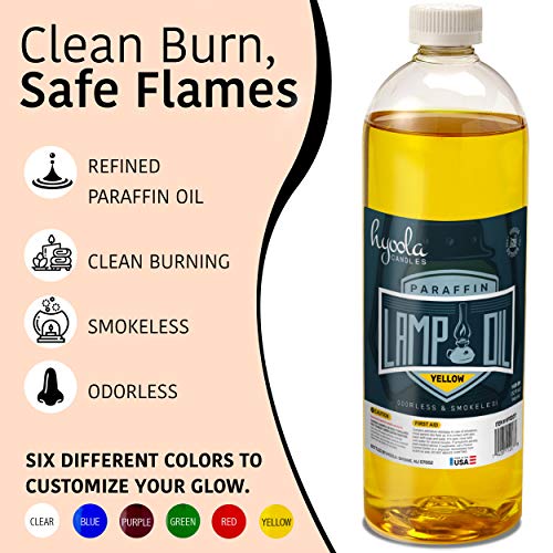 Liquid Paraffin Lamp Oil - Yellow Smokeless, Odorless, Ultra Clean Burning Fuel for Indoor and Outdoor Use - Highest Purity Available - 32oz - by Hyoola Candles