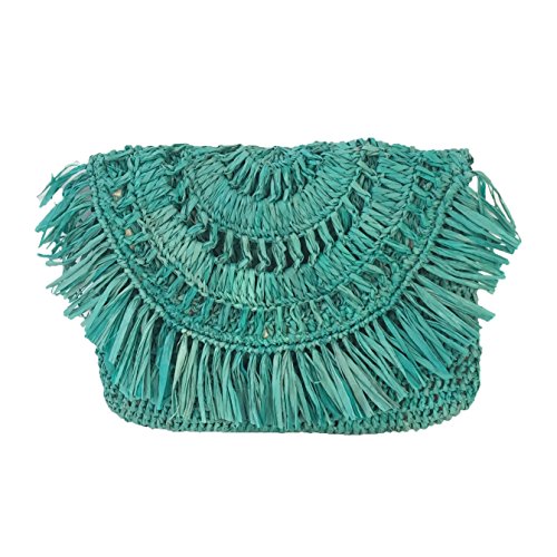 Mar Y Sol Mia Crochet Raffia Fringe Clutch, Turquoise