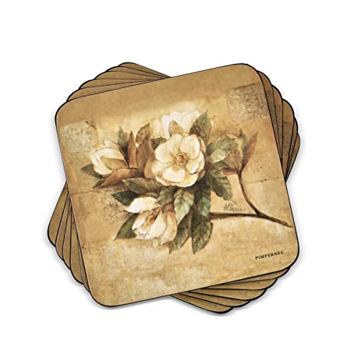 Pimpernel Sugar Magnolia Collection Coasters | Set of 6 | Cork Backed Board | Heat and Stain Resistant | Drinks Coaster for Tabletop Protection | Measures 4” x 4”