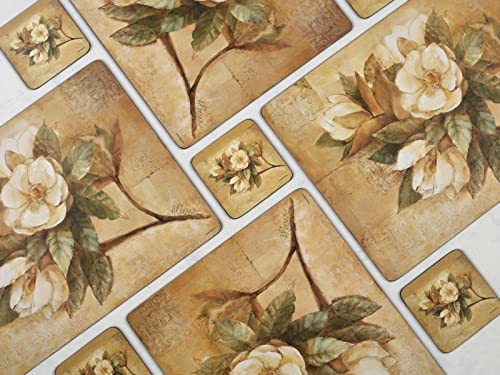 Pimpernel Sugar Magnolia Collection Coasters | Set of 6 | Cork Backed Board | Heat and Stain Resistant | Drinks Coaster for Tabletop Protection | Measures 4” x 4”