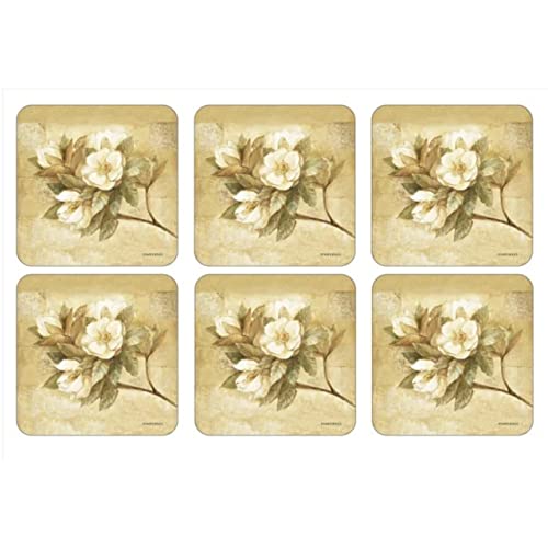 Pimpernel Sugar Magnolia Collection Coasters | Set of 6 | Cork Backed Board | Heat and Stain Resistant | Drinks Coaster for Tabletop Protection | Measures 4” x 4”