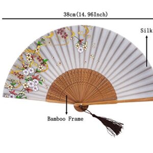 Amajiji® Chinese Japanese Folding Hand Fan for Women,Vintage Retro Style 8.27" (21CM) Bamboo Wood Silk Hand Fans (CL-04)