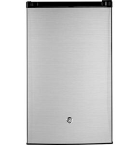 ge mini fridge with freezer | 4.4 cubic ft. | single-door design with glass shelves, in-door can rack & small freezer | small refrigerator perfect for the garage, dorm room, or bedroom | clean steel