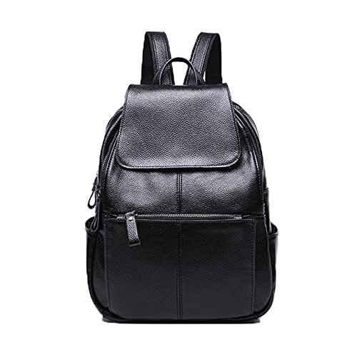 NIGEDU Women Backpacks Simple Genuine Leather Backpack School Bag Large Travel Bag (Black)