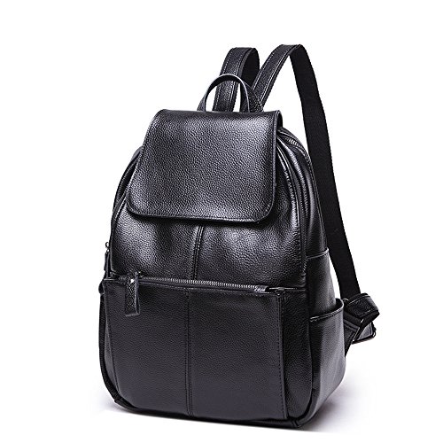 NIGEDU Women Backpacks Simple Genuine Leather Backpack School Bag Large Travel Bag (Black)