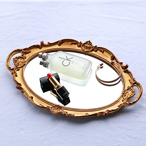 Zosenley Polyresin Ellipse Antique Decorative Mirror Tray, Makeup Organizer, Jewelry Organizer, Serving Tray, 9.8”x 14.6”, Gold