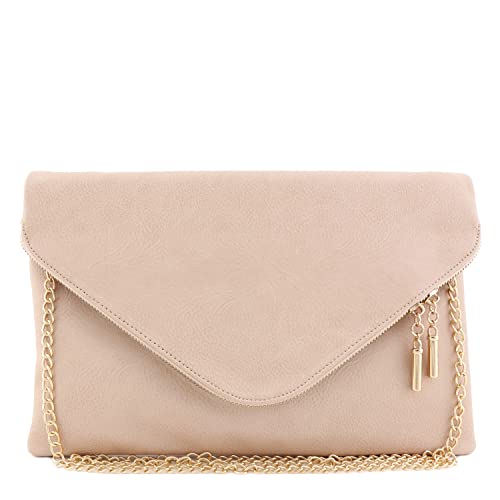 FashionPuzzle Large Envelope Clutch Bag with Chain Strap (Nude)