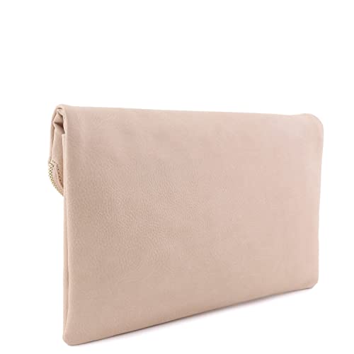 FashionPuzzle Large Envelope Clutch Bag with Chain Strap (Nude)