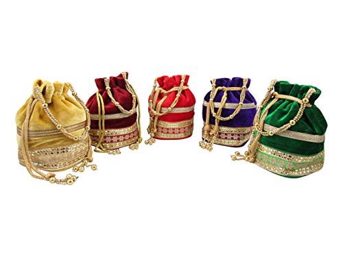 GoldGiftIdeas Indian Potli Bags for Wedding, Bridal Clutch, Bridal Purse for Party, Bridal Potli Bags, Traditional Potli Bags, Party Favor Bags (Pack of 5)