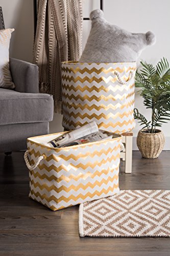 DII Polyester Container with Handles, Chevron Storage Bin, Large, Gold