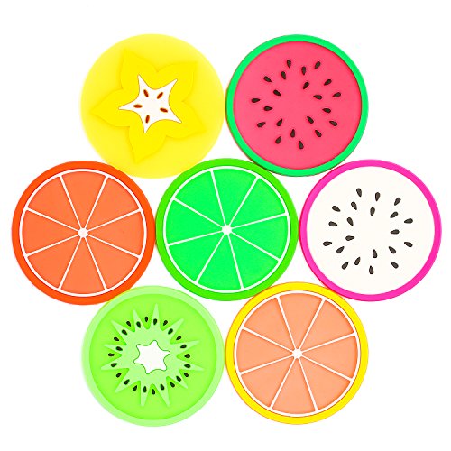 DomeStar Fruit Coaster, 7PCS 3.5" Non Slip Coasters Heat Insulation Colorful Unique Slice Silicone Drink Cup Mat for Drinks Prevent Furniture and Tabletop