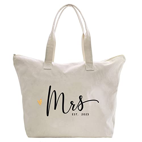 CARAKNOTS Future Mrs 2023 Bride Tote Bag Wedding Bachelorette Bridal Shower Gifts Canvas Large Travel Shoulder Bag with Interior Pocket