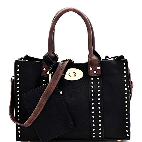 Twist Lock Studded 3 in 1 Soft Structure Plain & Ostrich Vegan Leather Tote Purse Handbag with Crossbody SET (Plain Vegan Leather - Black/Coffee)