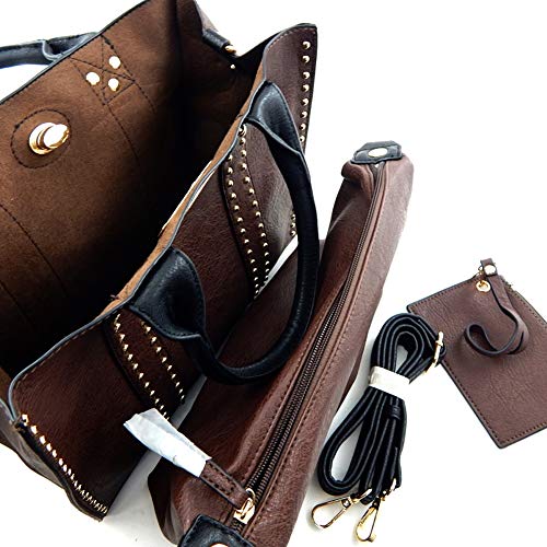 Twist Lock Studded 3 in 1 Soft Structure Plain & Ostrich Vegan Leather Tote Purse Handbag with Crossbody SET (Plain Vegan Leather - Black/Coffee)