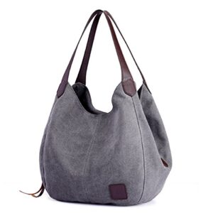 dourr women’s multi-pocket shoulder bag fashion cotton canvas handbag tote purse (gray – medium size)